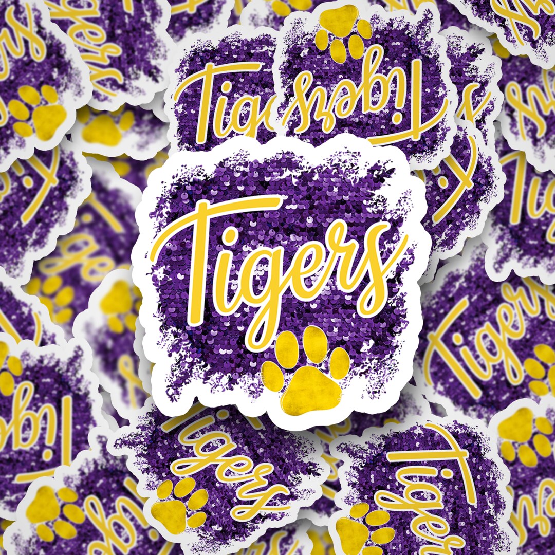 Tigers Sequin Die Cut Sticker, Mascot Sticker, Tigers, Purple_yellow ...