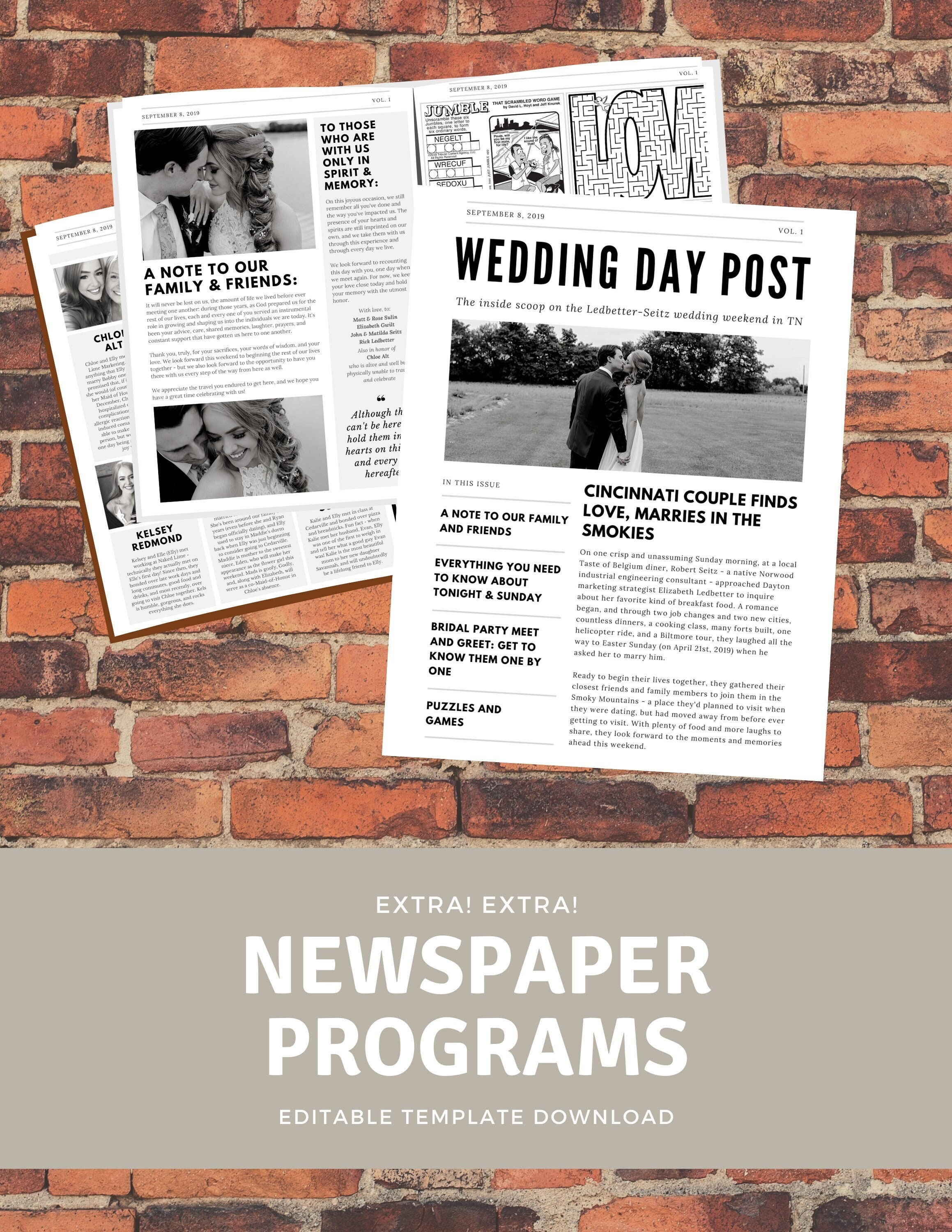 Newspaper Wedding Template - Fun Editable & Printable Event Program for ...