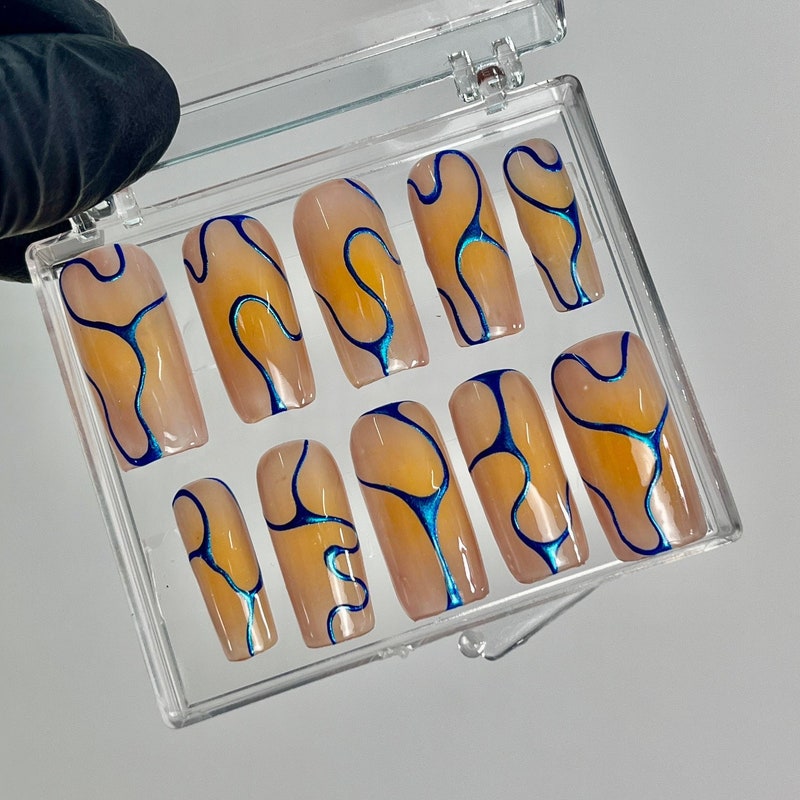 Blue Orange Press on Nails - Etsy