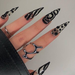 Black 3D Gel Long Stiletto Press on Nails, Custom Coffin Nails, Glue ...
