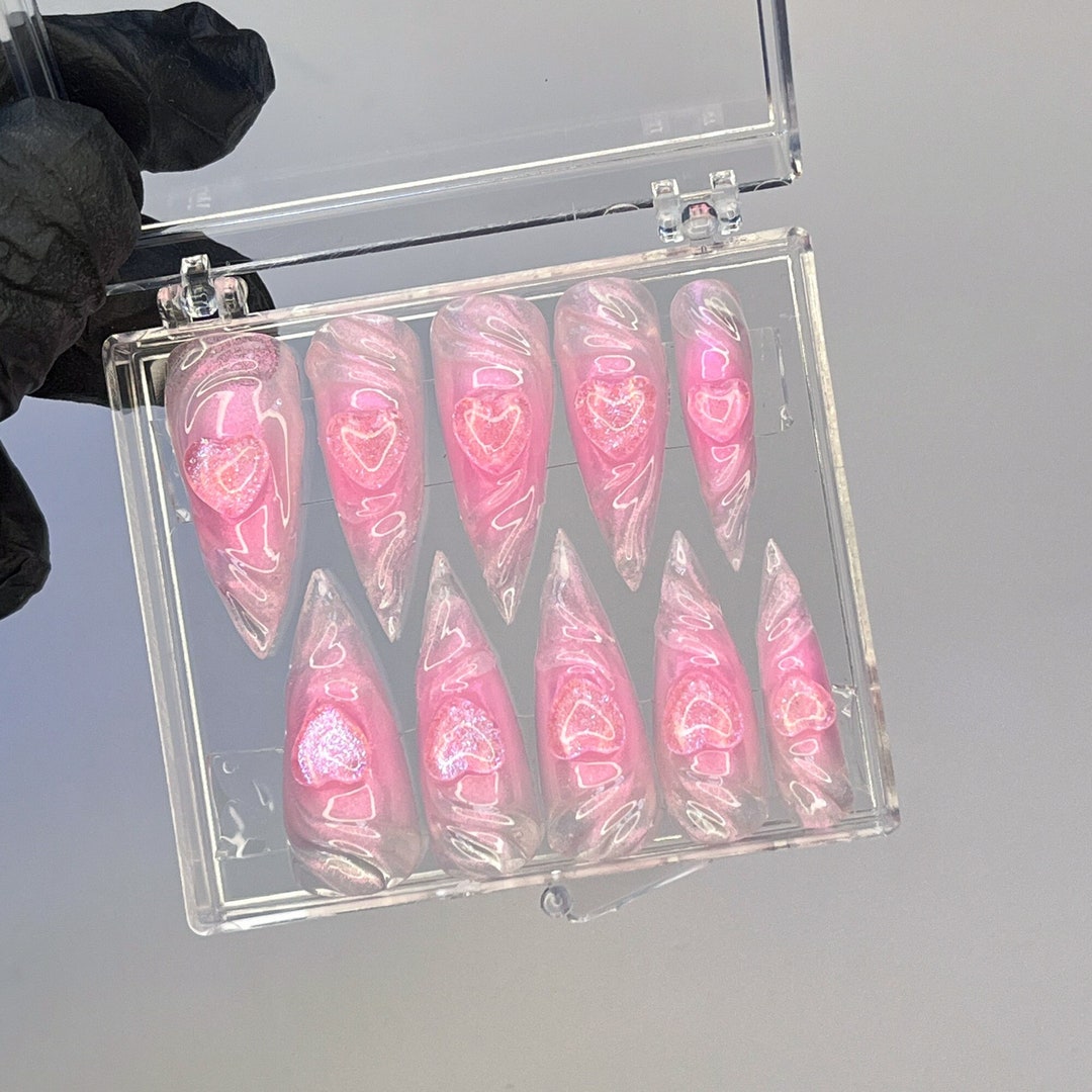 Pink Heart Theme 3D Gel Long Stiletto Press on Nail, Handmade Custom ...