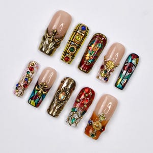 Press-on Nails Vitreaux With Stained Glass | Baroque 3D Fake Nails in ...