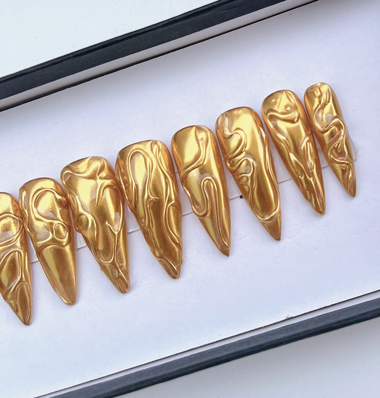 3D Gold Metallic Long Stiletto Press on Nails Goth , Custom Long Coffin ...