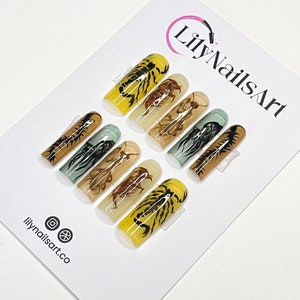 LNA0191 Insect Handpainted Long Square Press on Nail, Gel Nail Art ...