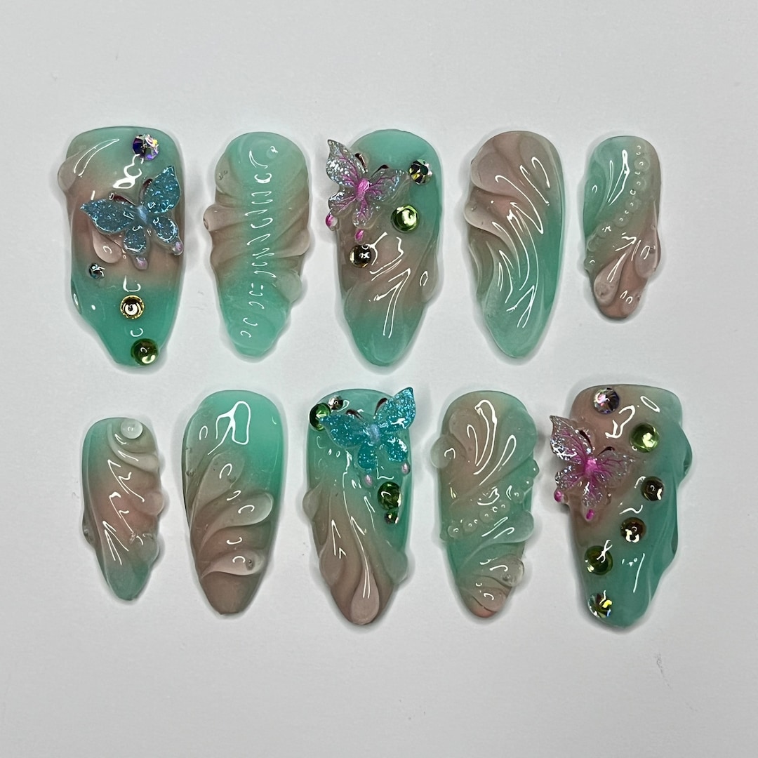 Aura Summer With Butterfly Medium Almond Press on Nails, Summer Fake ...