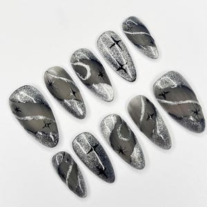 Black Stars Press on Nails, Black Coffin Nails, Custom Fake Nails, Handpainted False Nails ...