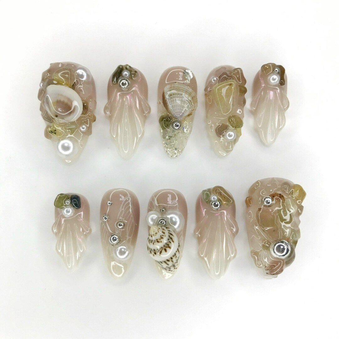 Shell & Conch Almond Press on Nail, Custom Design Nail Art, Fake Nail ...
