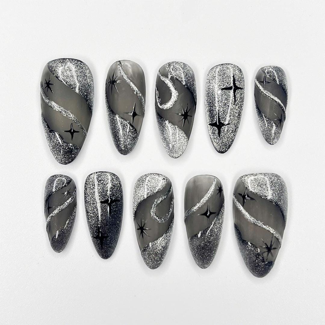 Black Stars Press on Nails, Black Coffin Nails, Custom Fake Nails, Handpainted False Nails ...