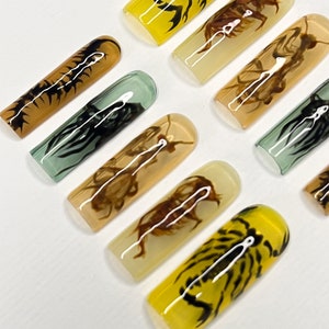 LNA0191 Insect Handpainted Long Square Press on Nail, Gel Nail Art ...