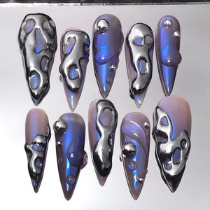 Custom Long Stiletto Metallic Silver Press on Nails - Free-style Goth ...