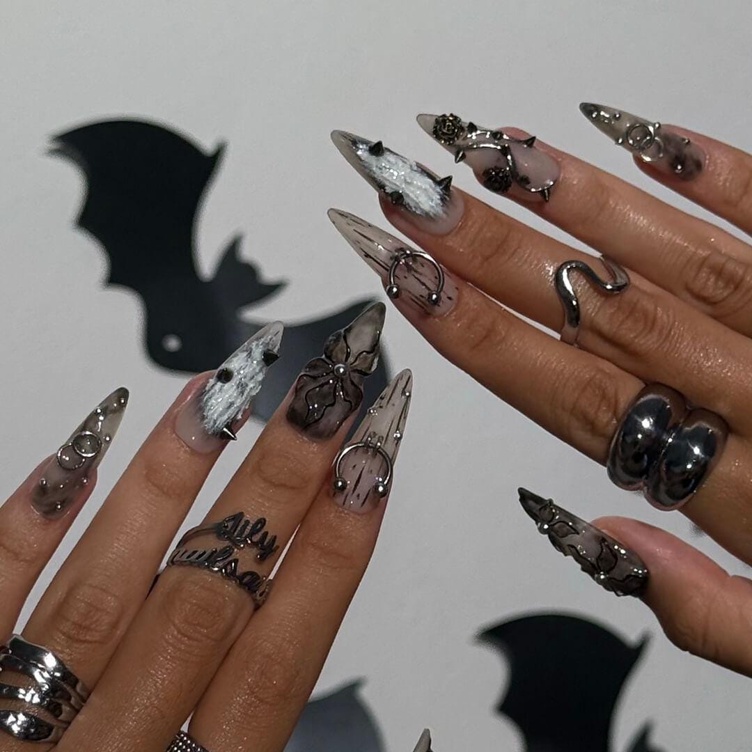 Halloween Gothic Press on Nails With Black Roses and Spikes | Long ...