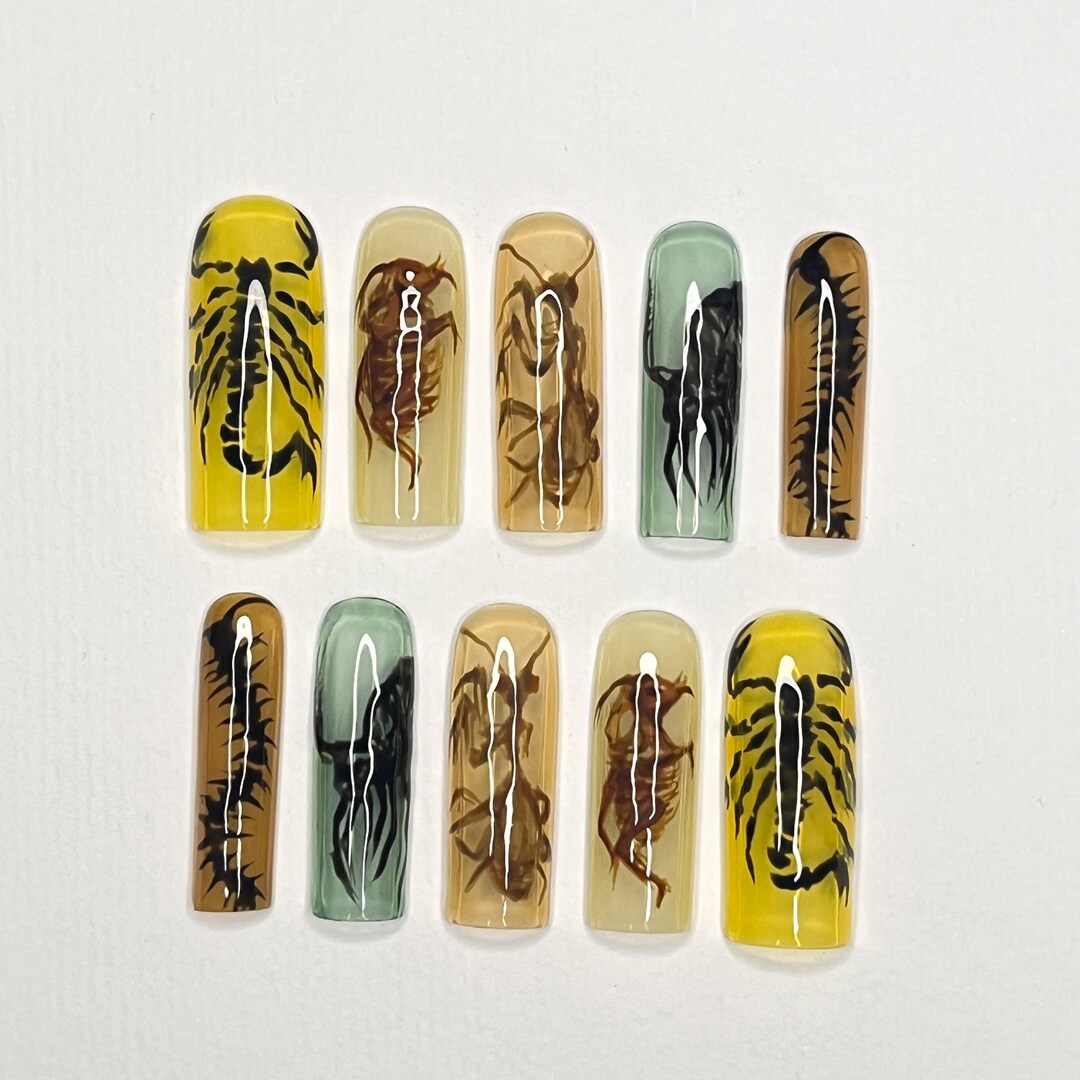 LNA0191 Insect Handpainted Long Square Press on Nail, Gel Nail Art ...