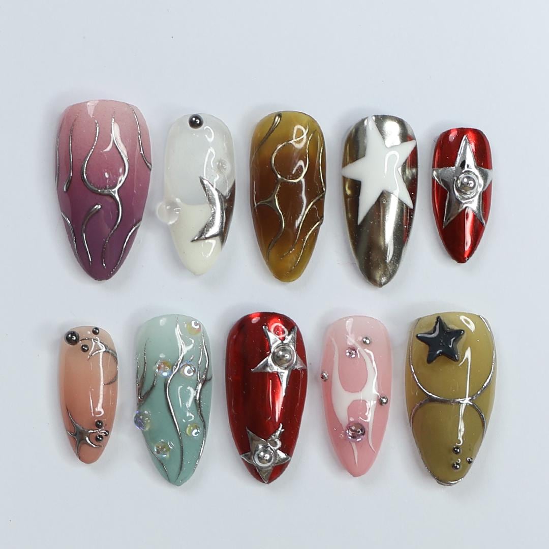 3D Freestyle Almond Goth Press on Nails, Handpainted Luxury Acrylic ...