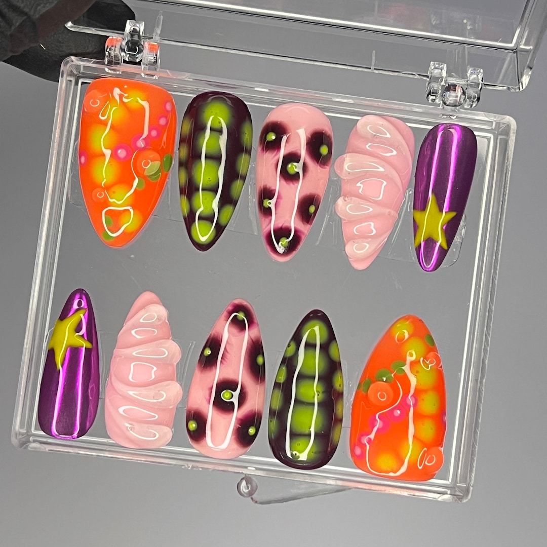 Freestyle 3D Short Square Press on Nails, Colourful Cute Handpainted ...