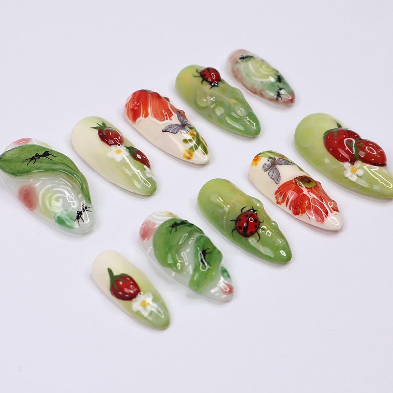 Whimsical Nature Press on Nails With Bugs, Strawberries, Flowers ...