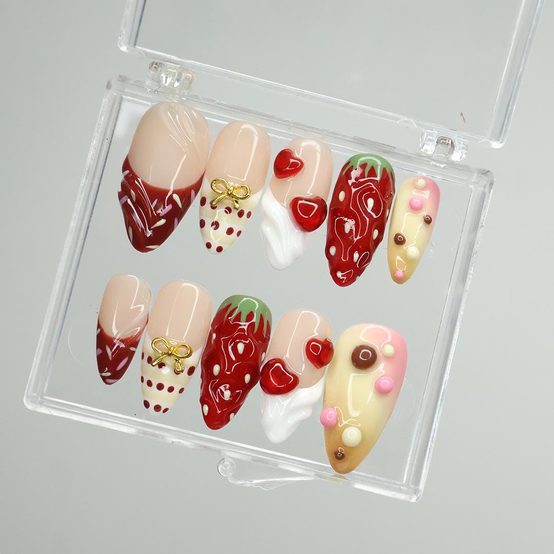 Sweet Treat Press-on Nails With 3D Chocolate Drizzle, Strawberries ...