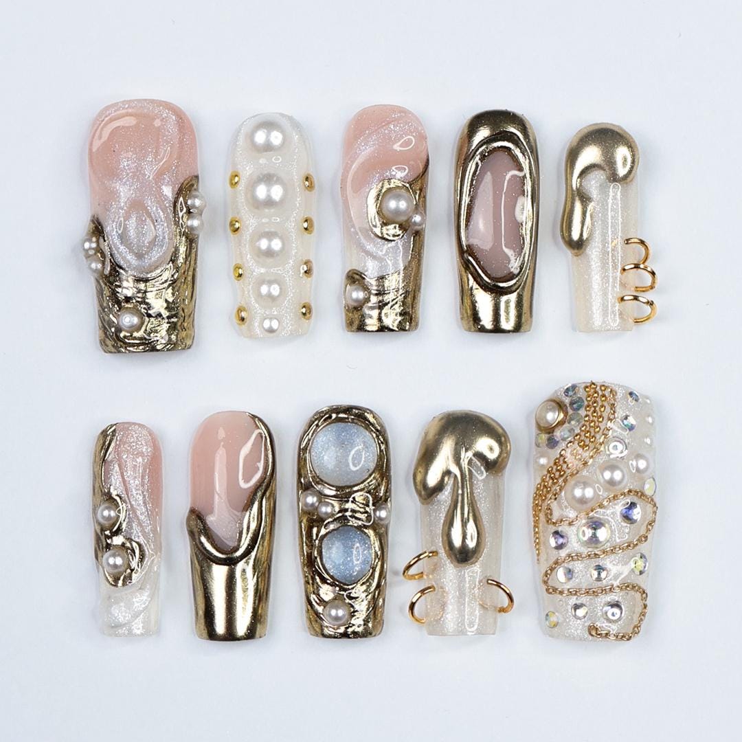 Opulent Drip Long Square Press-on Nails – Gold Molten Metal & Pearl ...