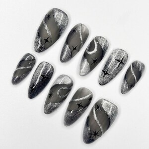 Black Stars Press on Nails, Black Coffin Nails, Custom Fake Nails, Handpainted False Nails ...
