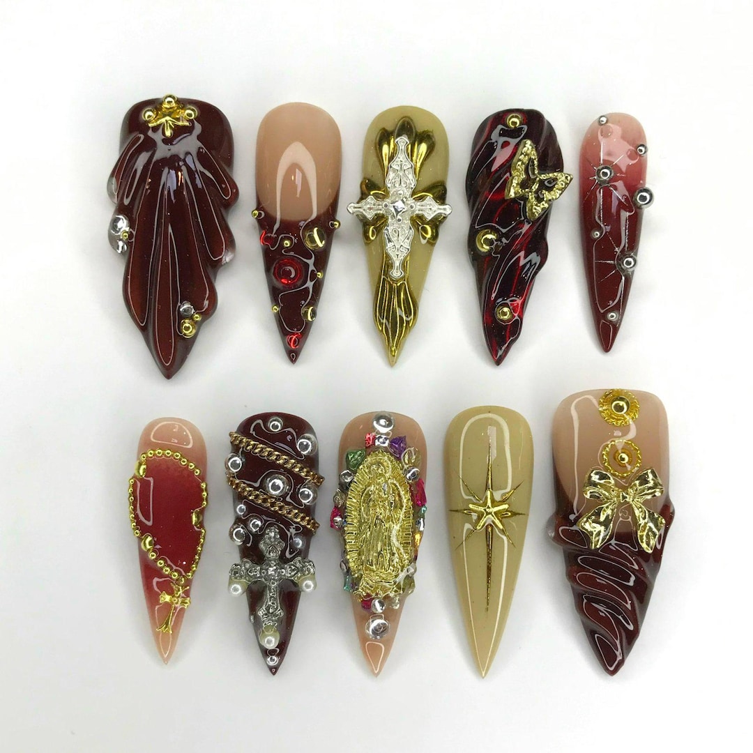 Red & Gold Renaissance Long Stiletto Press on Nails, Unique Design ...