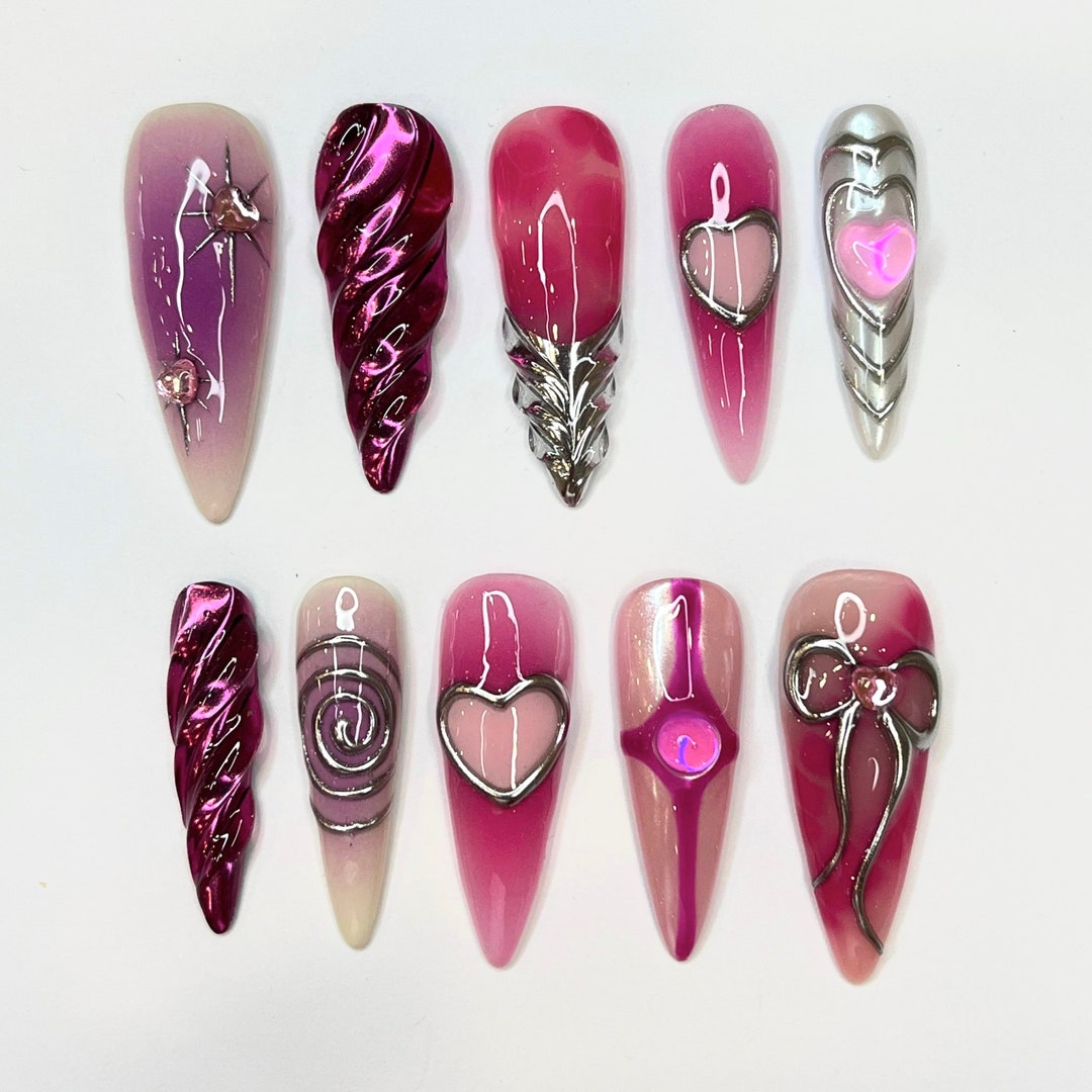 Freestyle 3D Pink & Purple Chrome Long Almond Press on Nails, Cute ...