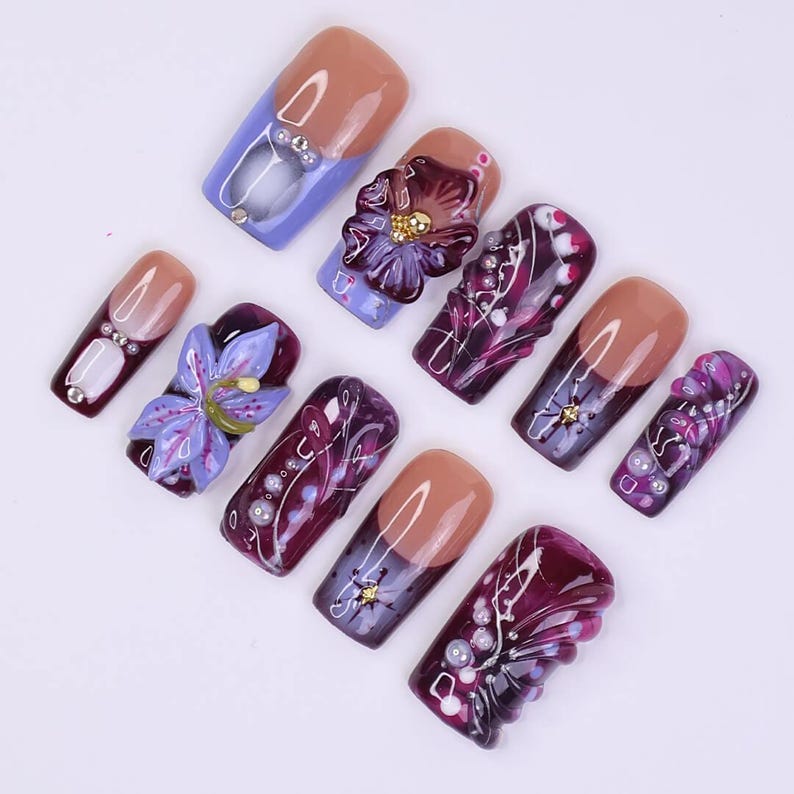 Fall Press on Nails With Deep Purple Flowers | 3D Handmade Fake Nails ...