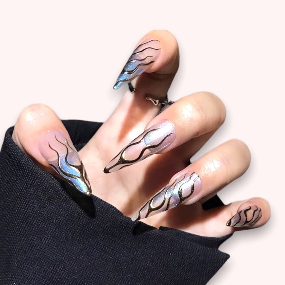 Gothic Press on Nails With Blue Fire & Metallic Gold Accents - Custom ...