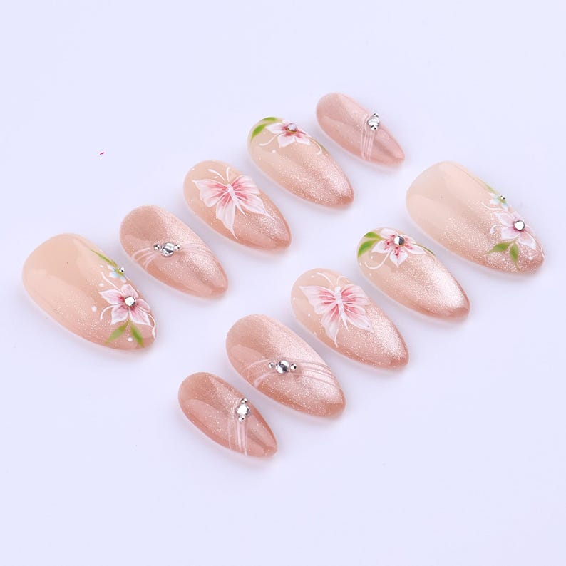 Blush Cat Eye Floral Press on Nails | Pink Butterfly & Crystal Accent ...