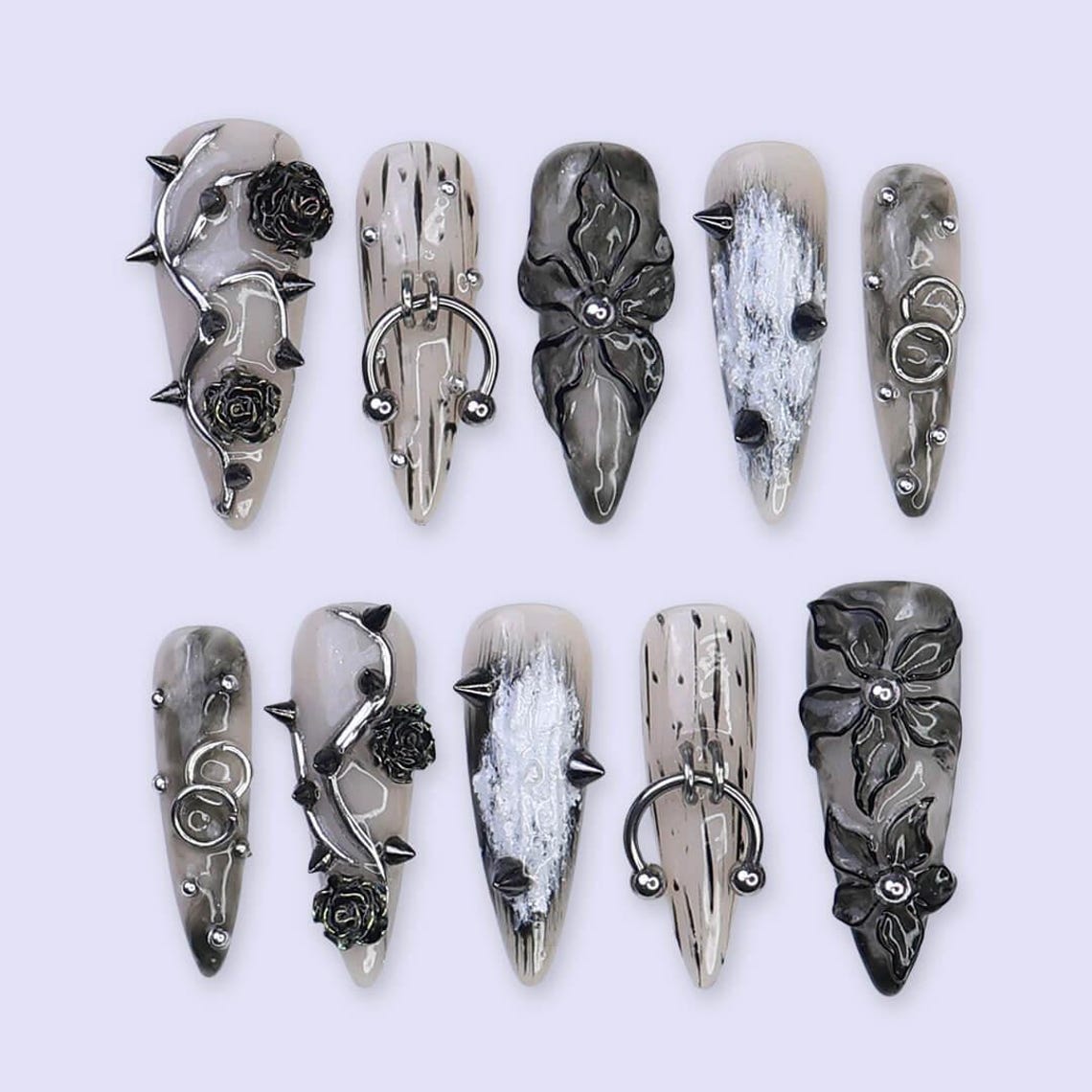 Halloween Gothic Press on Nails With Black Roses and Spikes | Long ...