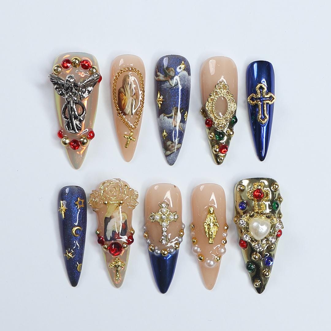 Press on Nails Angel's Gift With Silver & Gold Cross | 3D Fake Nails in ...