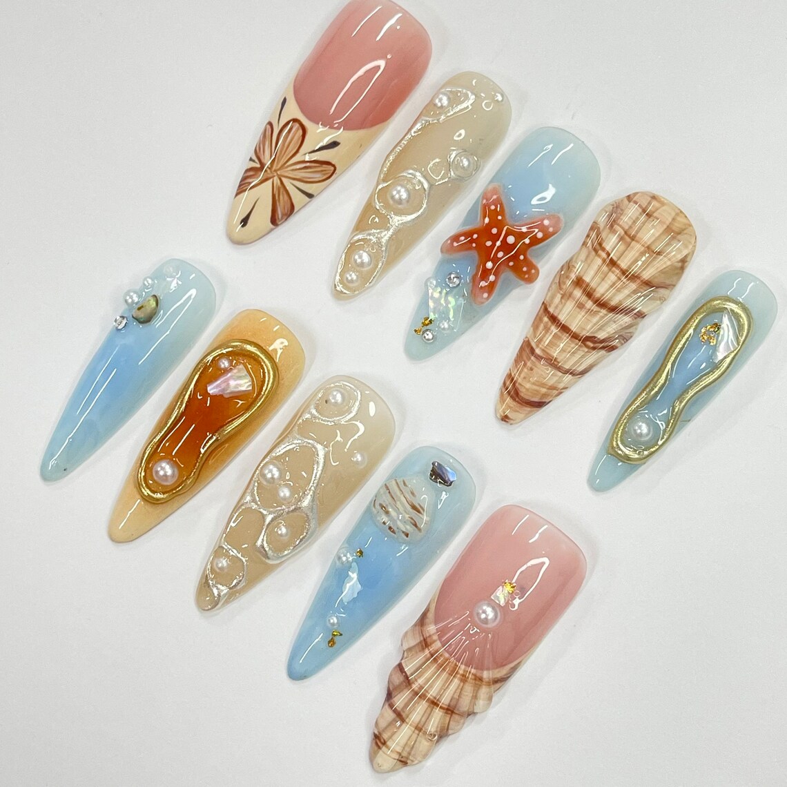 3D Seashell With Starfish Long Almond Press on Nails, Summer Fake/false ...
