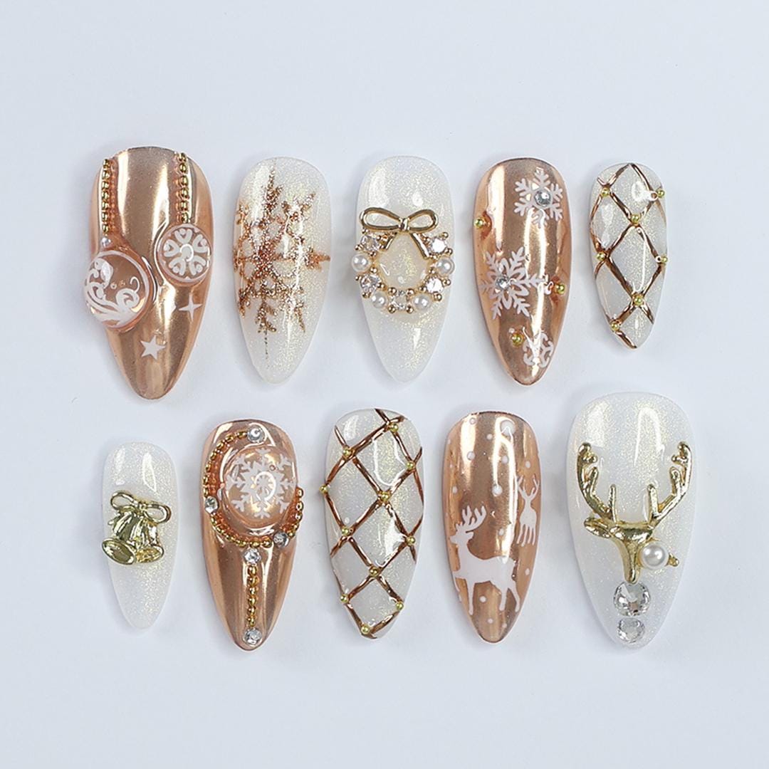 Festive Reindeer & Laurel Wreath Press-on Nails: Medium Almond Shape ...