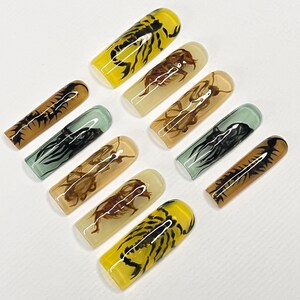 LNA0191 Insect Handpainted Long Square Press on Nail, Gel Nail Art ...