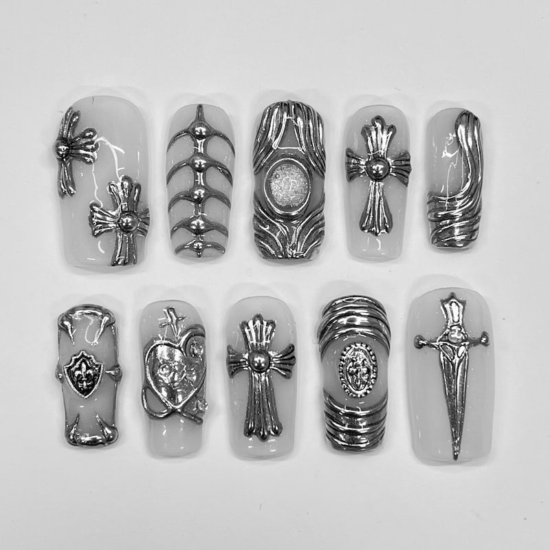 Silver Chrome White Nails - Etsy