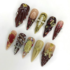 Red & Gold Renaissance Long Stiletto Press on Nails, Unique Design ...