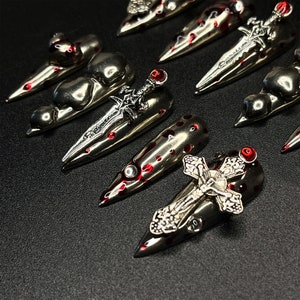 LNA0189 Silver Swords With Blood Long Stiletto Press on Nail, Halloween ...
