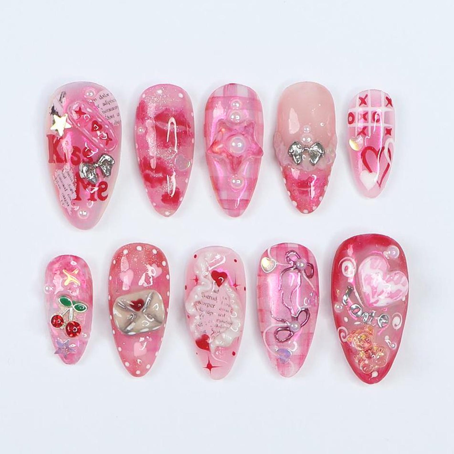 Kiss Me XO Pink Press-on Nails With Pearls, Bows & 3D Charms – Handmade ...