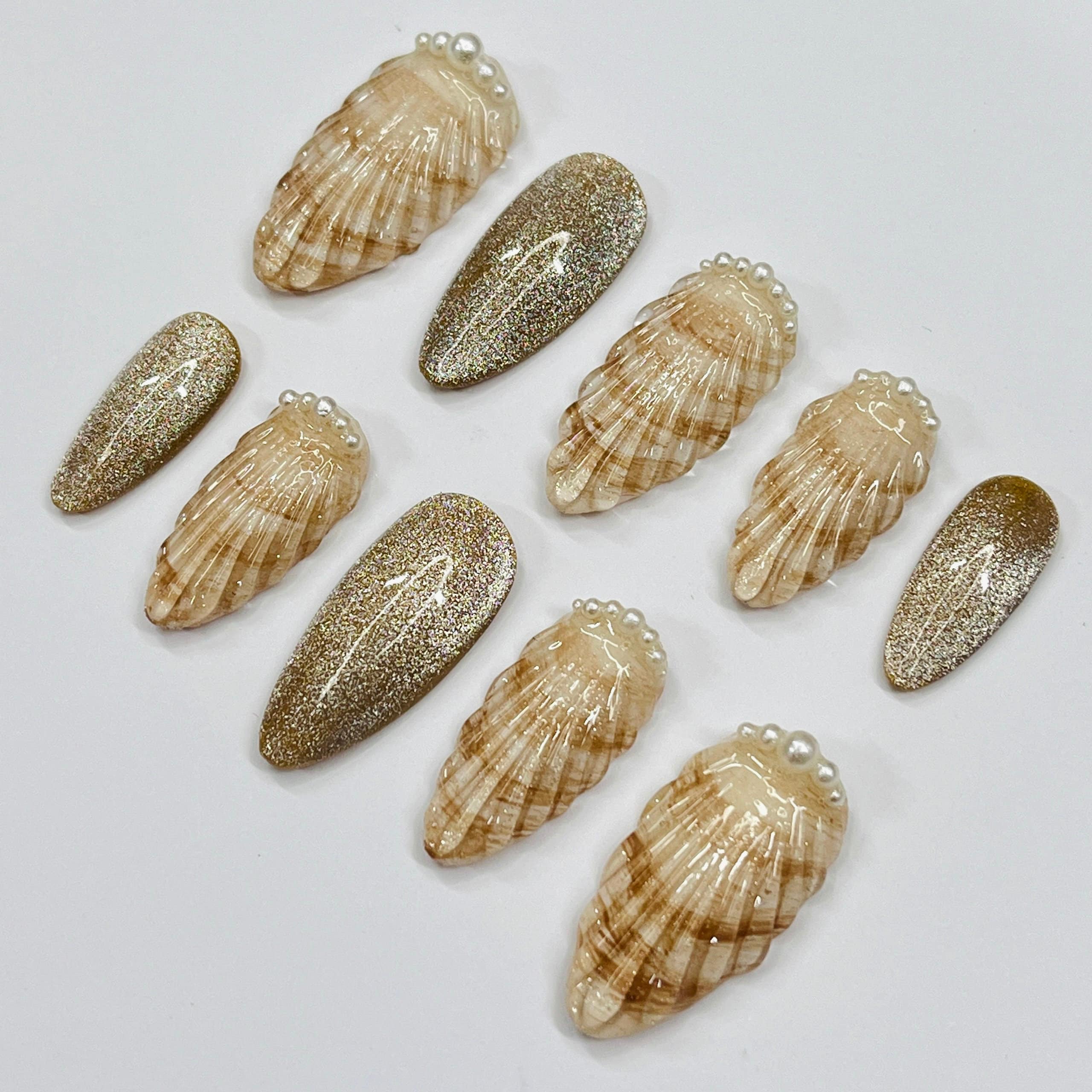 Ocean Inspired Seashell Medium Almond Press on Nails, Handmade Gel ...