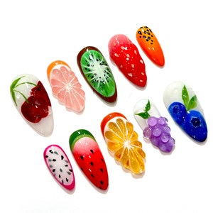 Colorful Fruit Lover Press on Nails, Summer Holiday Fake Nails, Fresh ...