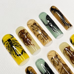 LNA0191 Insect Handpainted Long Square Press on Nail, Gel Nail Art ...