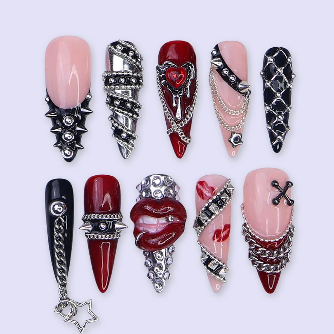 Halloween Gothic Press on Nails With Chains, Lips & Studs | Long Almond ...