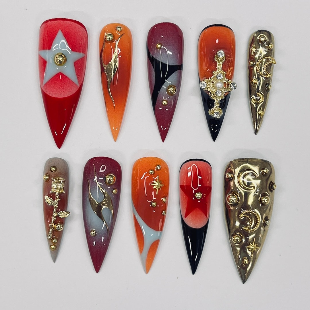 Bold Color Airbrush Long Stiletto Press on Nails, 3D Glam Goth False ...