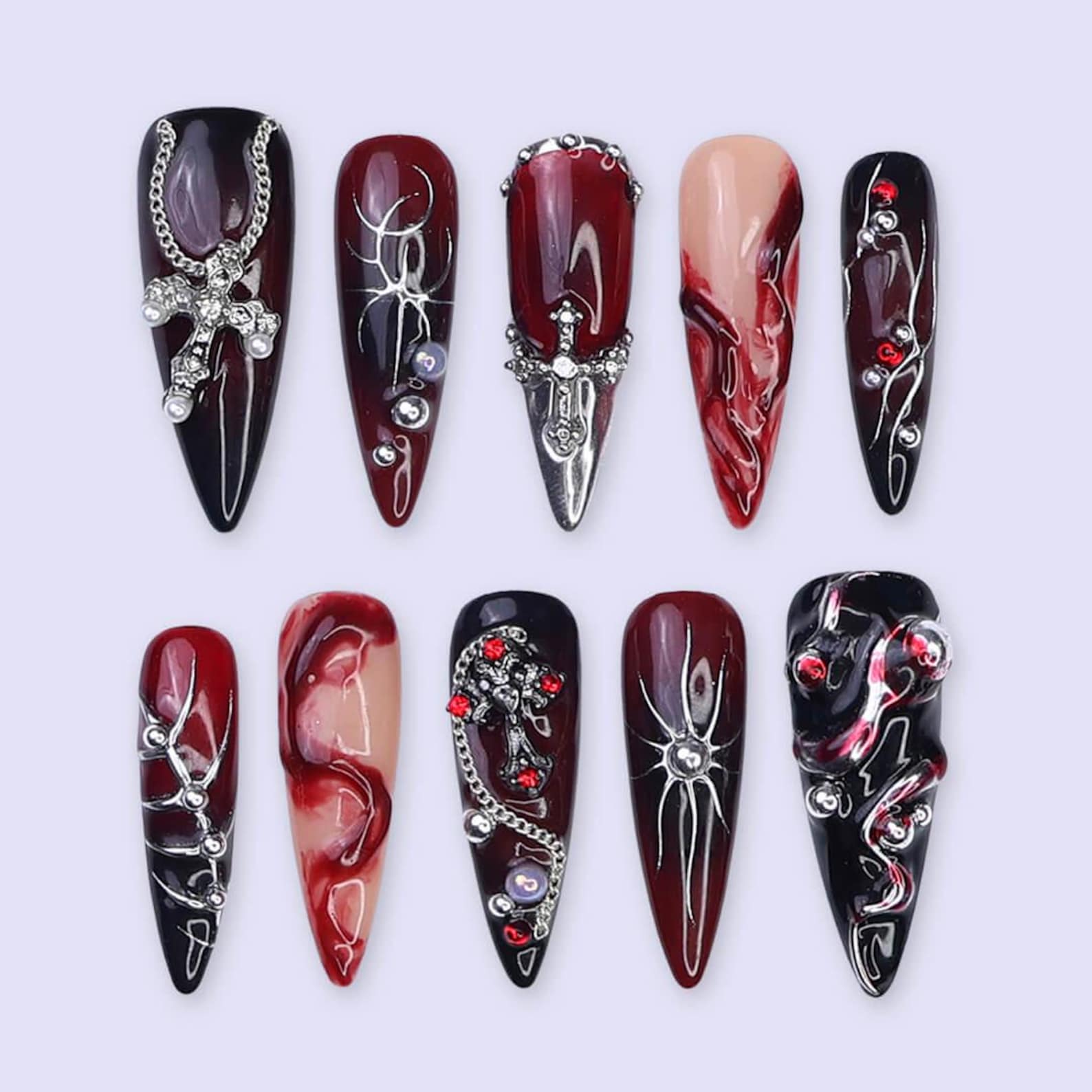 Halloween Gothic Press on Nails With Cross, Spider and Chains | Long ...