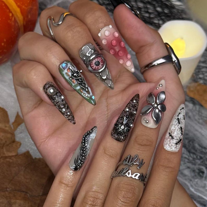 Halloween Gothic Press on Nails With Eyeball, Ants & Spider Web | Long ...
