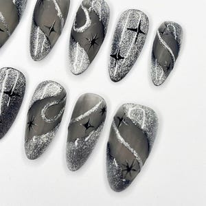 Black Stars Press on Nails, Black Coffin Nails, Custom Fake Nails, Handpainted False Nails ...