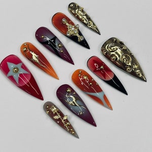 Bold Color Airbrush Long Stiletto Press on Nails, 3D Glam Goth False ...