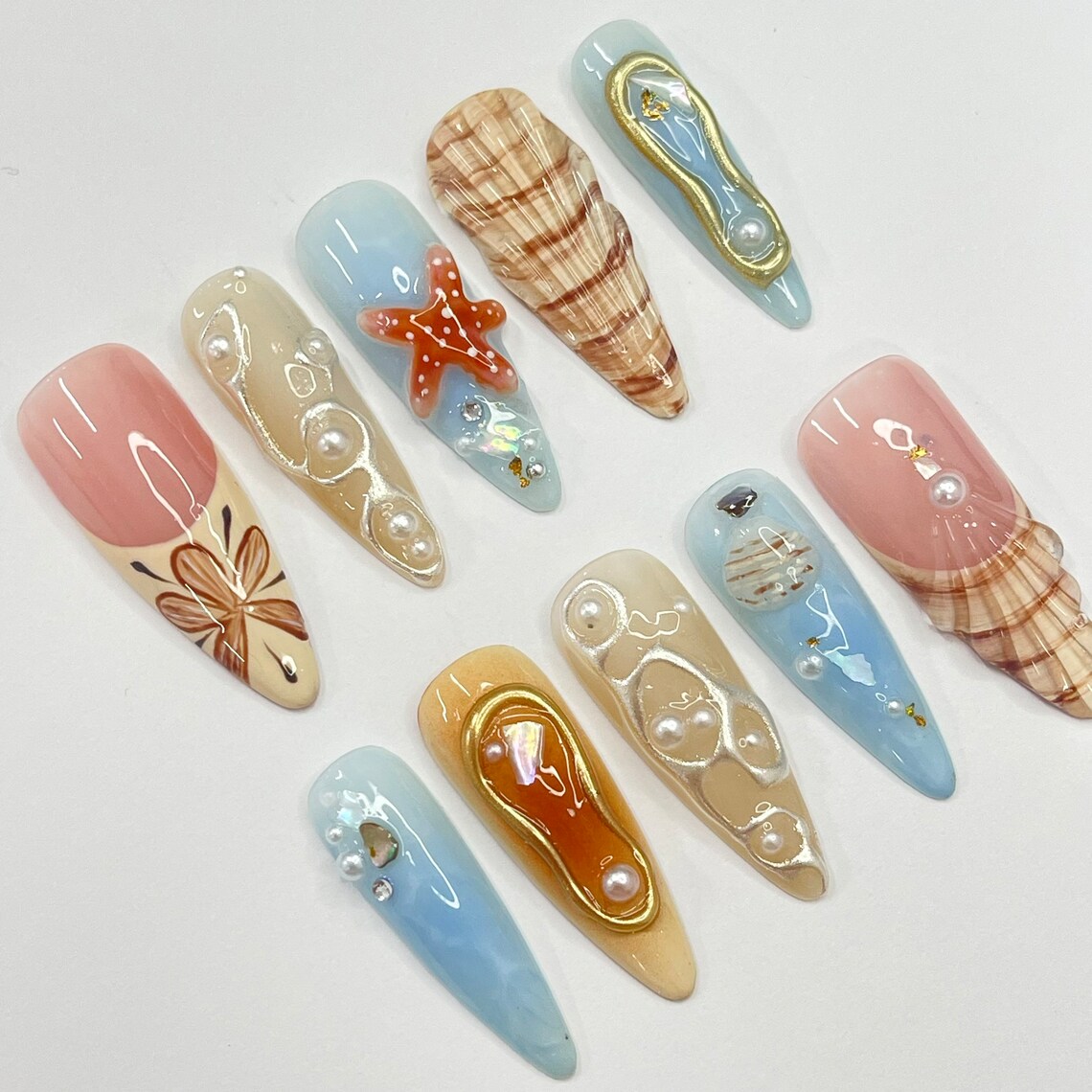 3D Seashell With Starfish Long Almond Press on Nails, Summer Fake/false ...