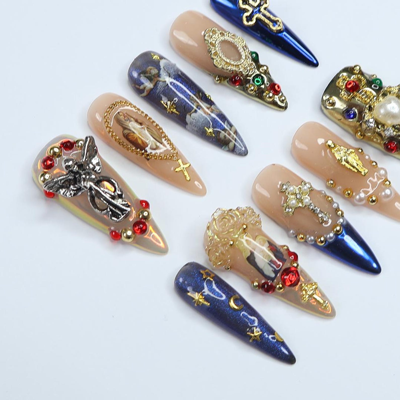Press on Nails Angel's Gift With Silver & Gold Cross | 3D Fake Nails in ...