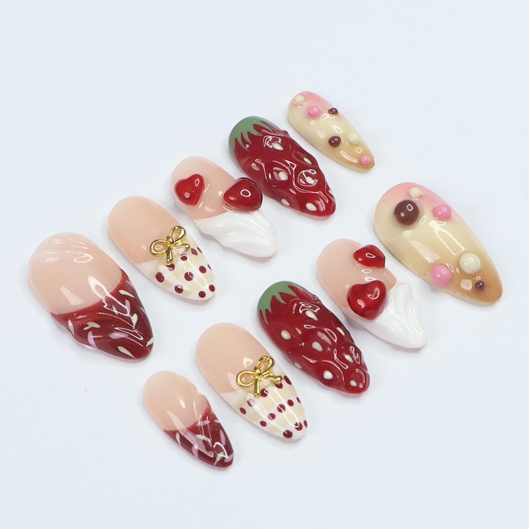 Sweet Treat Press-on Nails With 3D Chocolate Drizzle, Strawberries ...