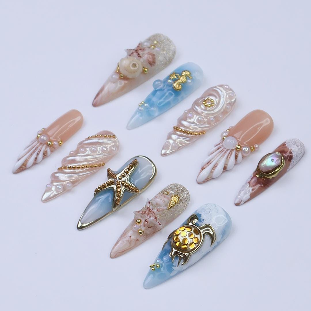Summer Press on Nail With 3D Turtle & Starfish | Ocean Inspired Fake ...