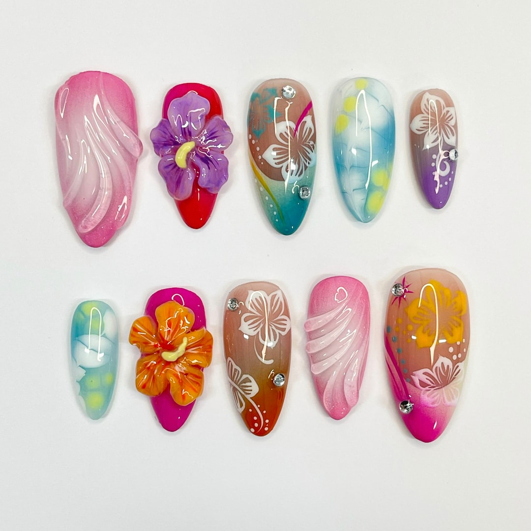 Trendy Colorful 3D Flower for Summer Medium Almond Press on Nail ...